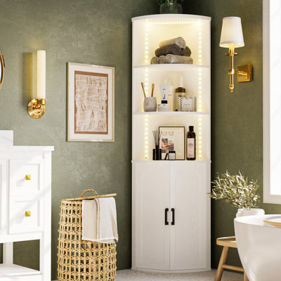 Modern Style Wooden White Corner Shelf with Doors 70.9 Tall Corner Bookshelf 5 Tier Storage Cabinet with Doors Corner Cabinet with LED Light for